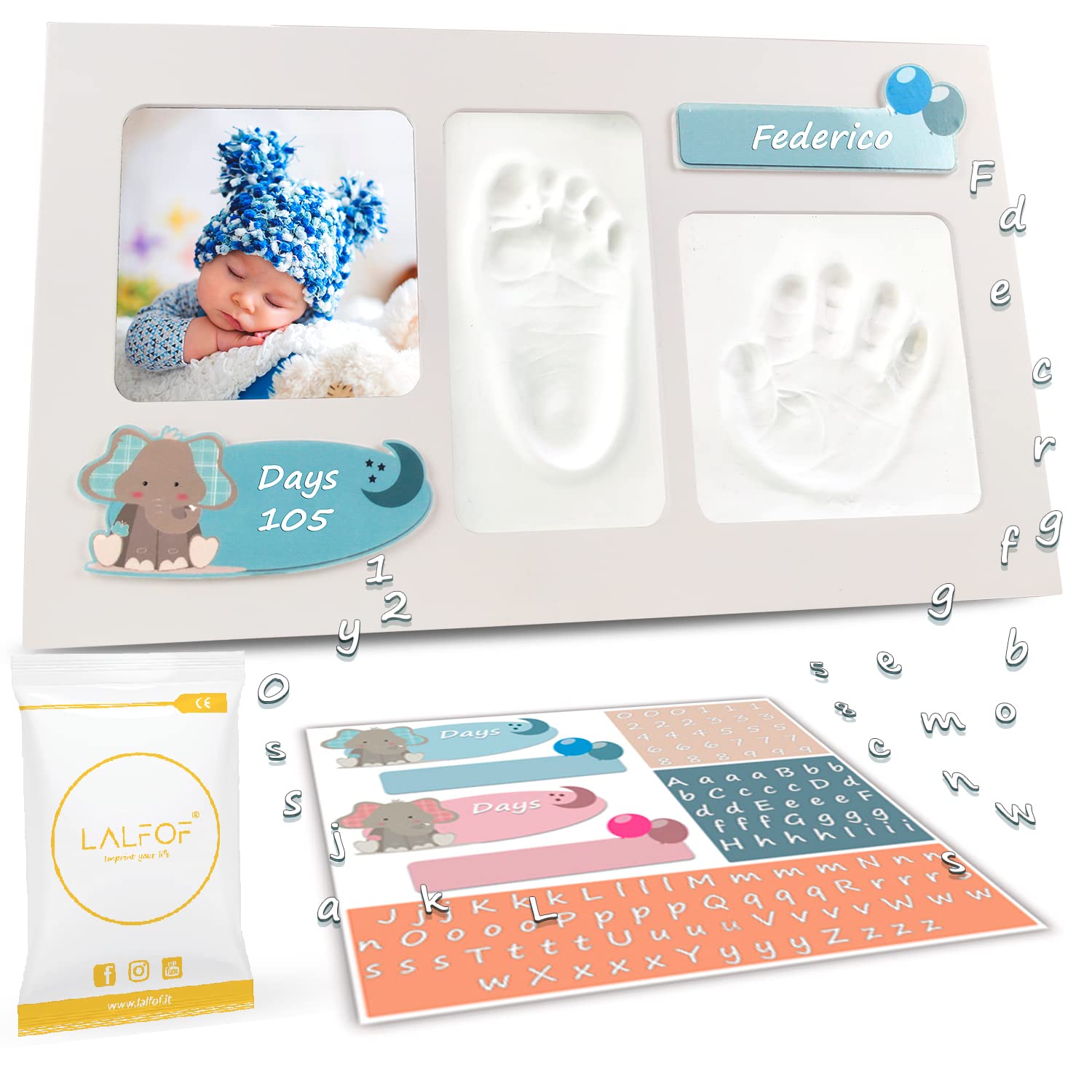 Baby frame elephant whit name and date birds