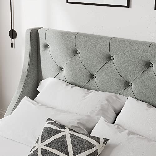 Allewie Queen Bed Frame with 4 Storage Drawers and Wingback Headboard, Button Tufted Design, No Box Spring Needed, Light Grey
