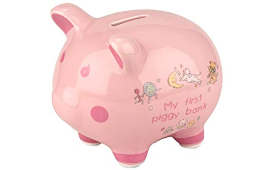 BRUBAKER My First Piggy Bank Gift Set for Baby Girl - 4 Pcs Keepsake Gift Set Includes Piggy Bank, First Curl, First Tooth and Photo Frame - Pink