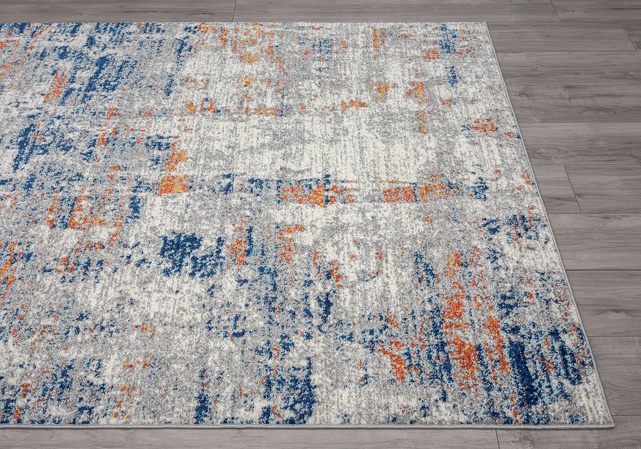 Abani Blue, Grey & Orange Area Rug, Abstract Vintage 4 by 6 Foot Rugs Contemporary Living Room Accent Carpet
