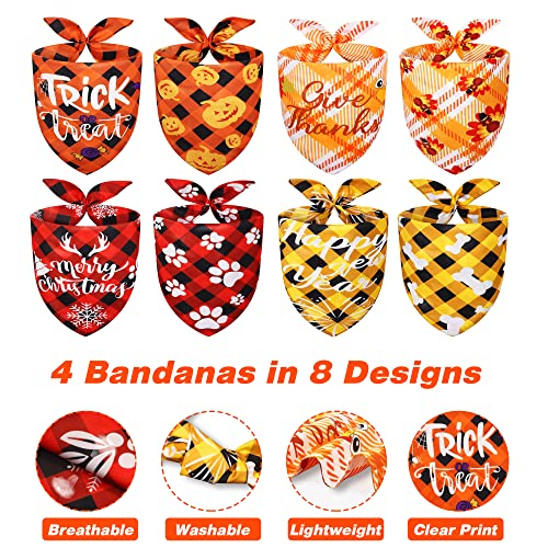 4 Pack Halloween/Thanksgiving/Christmas/New Year Dog Bandanas - Triangle Reversible Pet Scarf for Dogs, Adjustable Holiday Dog Bandanas for Small Medium Large Dogs Pets