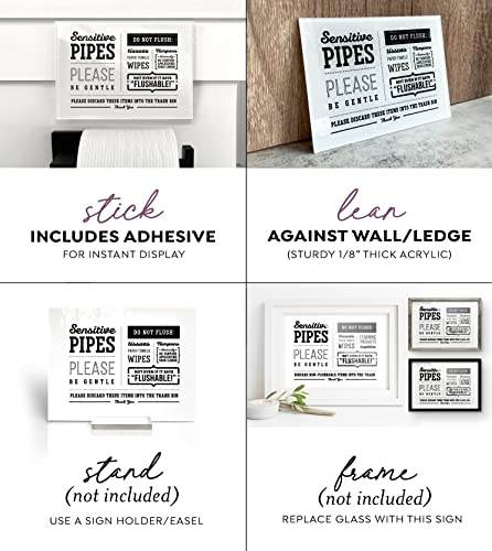 5x7 Inch Sensitive Pipes Designer Bathroom Sign ~ Ready to Stick, Lean or Frame ~ Premium Acrylic Plexiglass, Durable (White)