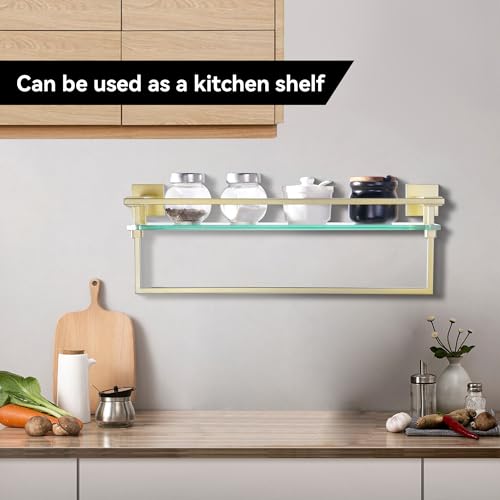 LANC Bathroom Shelves with Towel Bar 20 Inch Gold Floating Tempered Glass Shelf with Towel Rails for Shower Bath Kitchen Storage Rack Wall Mounted Rustproof Stainless Steel Brushed Gold,A7615BG