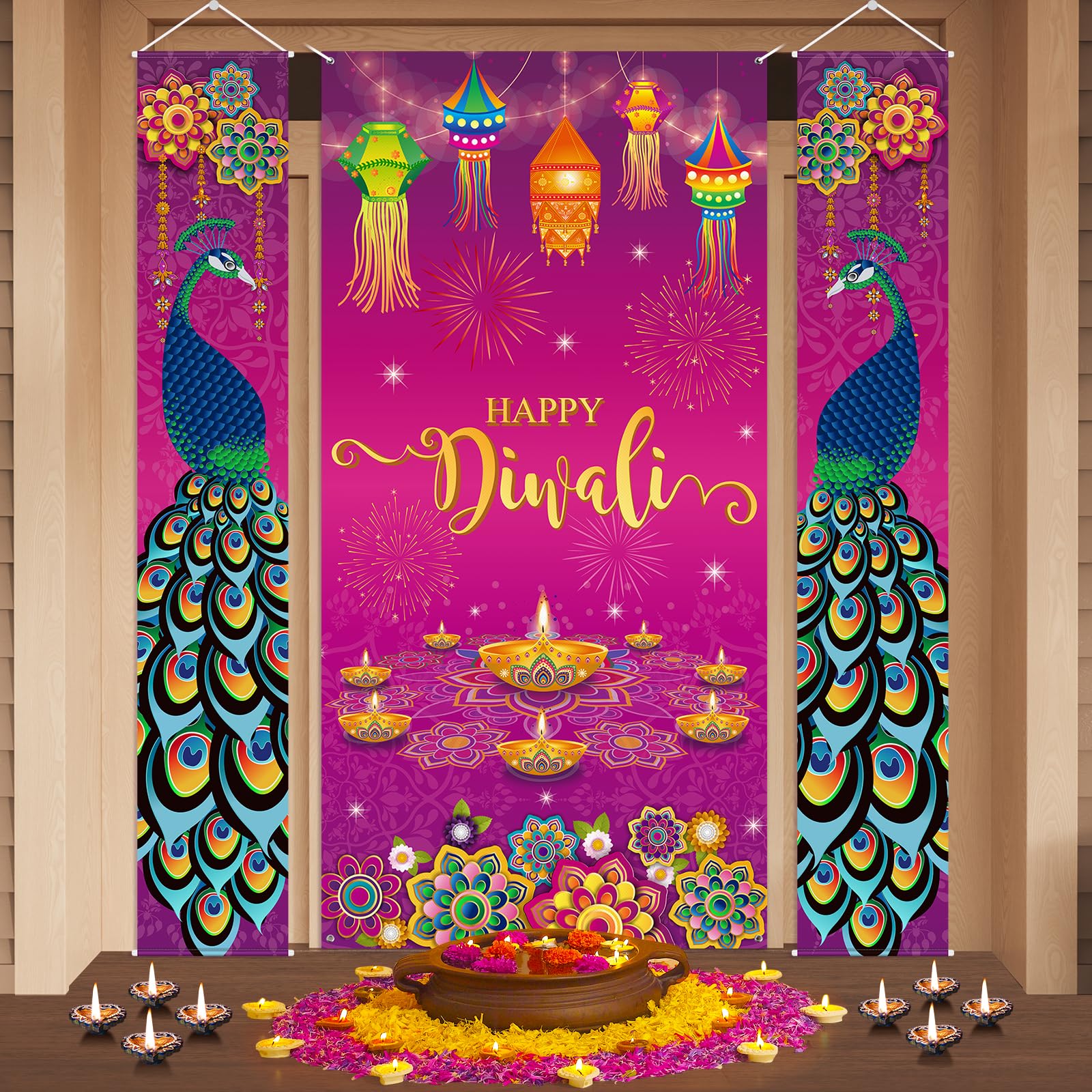 3 Pcs Happy Diwali Porch Door Banner, Indian Diwali Peacock Front Porch Door Cover, Deepawali Festival of Lights Porch Door Backdrop Hanging Decorations for Indian Diwali Light Festival Party Supplies
