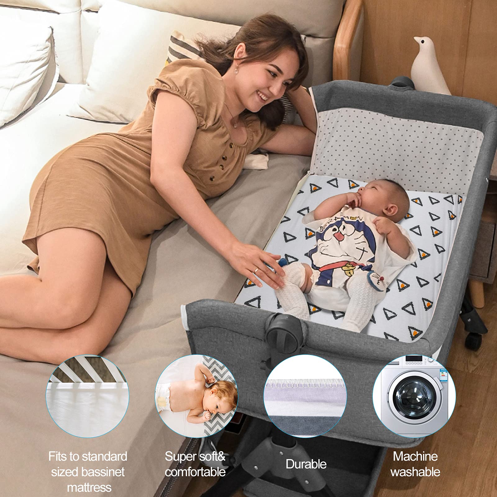 MOEMOE BABY Bassinet Sheets, 3 Pack Fitted Bassinet Sheets for Baby Boys and Girls, 100% Cotton Bassinet Cover for Oval, Hourglass & Rectangle Mattress