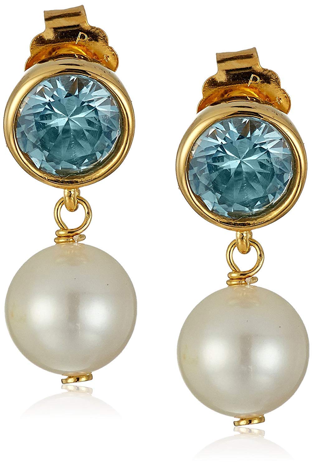 18k Gold Plated Sterling Silver Created Aquamarine and Freshwater Cultured Pearl Drop Stud Birthstone Earrings