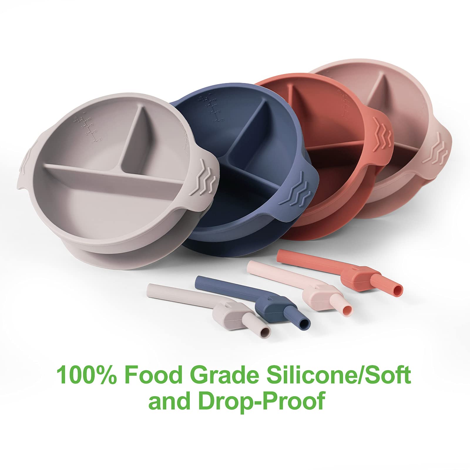 haakaa Silicone Divided Suction Bowl With Straw, Self Feeding Training Divided Bowl For Baby Toddler, Portable Non Slip Child Feeding Stay Put Bowl,Blush