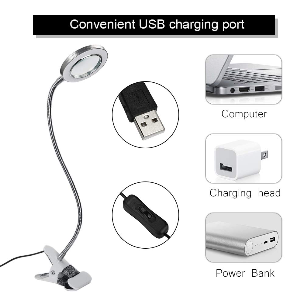 2.5X Magnifying Lamp, ATOMUS LED USB Rechargeable Tattoo Beauty Magnifier Lamp with Metal Clip for Eyebrow Tattoo Manicure Eyelash Extension Read