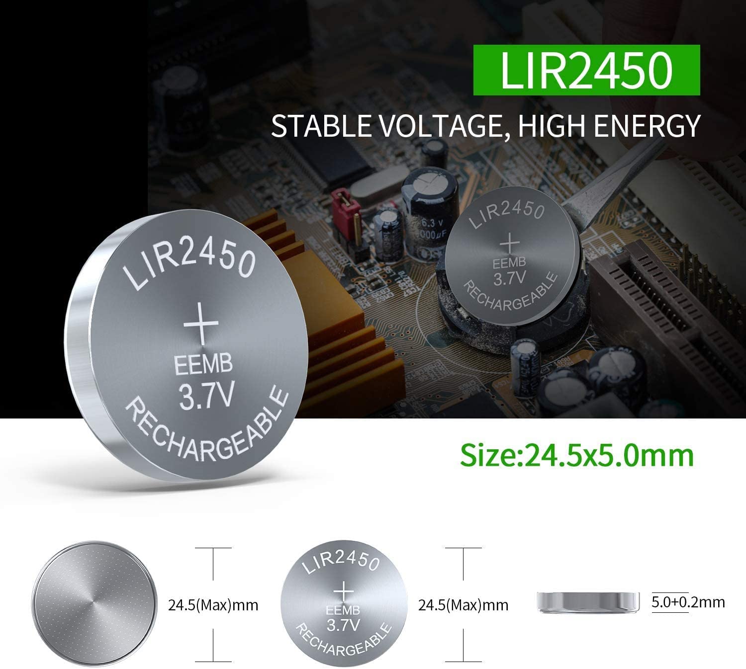 EEMB LIR2450 Rechargeable Battery 2450 Li-ion Battery Charger with 3.7V 120mAh Lithium-ion Coin Cell Battery