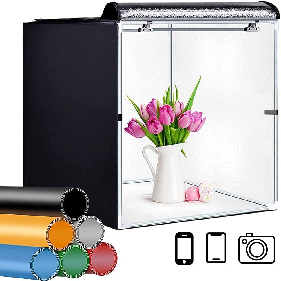 Lightbox, GLZ 24x24 Inch Photo Studio Light Box Shooting Tent Kit with Dimmable and Movable LED Lights, Carry Bag and 6 Color backdrops for Photoshoot (White Black Orange Blue Green Red)