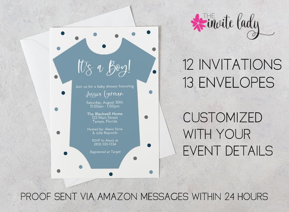 Customizable Baby Shower Invitations for Boy Bodysuit Invites (12 Count)