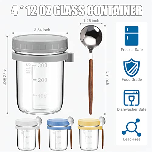 4 Pack Overnight Oats Containers with Lids and Spoons, 12 oz Airtight Mason Overnight Oats Jars, Meal Prep Container Reusable for Cereal, Fruit, Chia Pudding, Salad, Milk with Measurement Mark