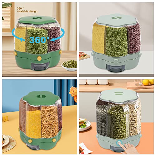 6-Grid Grain Storage Tank, 360° Rotatable Miscellaneous Grains Food Dispenser Grain Storage Box Suitable for All Beans Barley Millet And Other Granular Grains or Pet Food (Large, Light Green)
