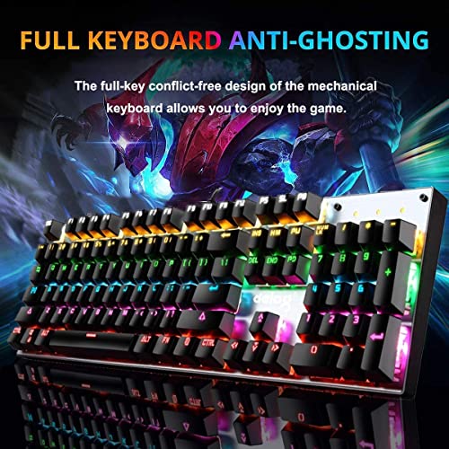Wired Mechanical Gaming Keyboard Blue Switch 104 Keys RGB Rainbow LED 9 Backlight Modes Full Anti-ghosting Metal Panel Waterproof Ergonomic Key Layout USB for Gamers Typists(Black)
