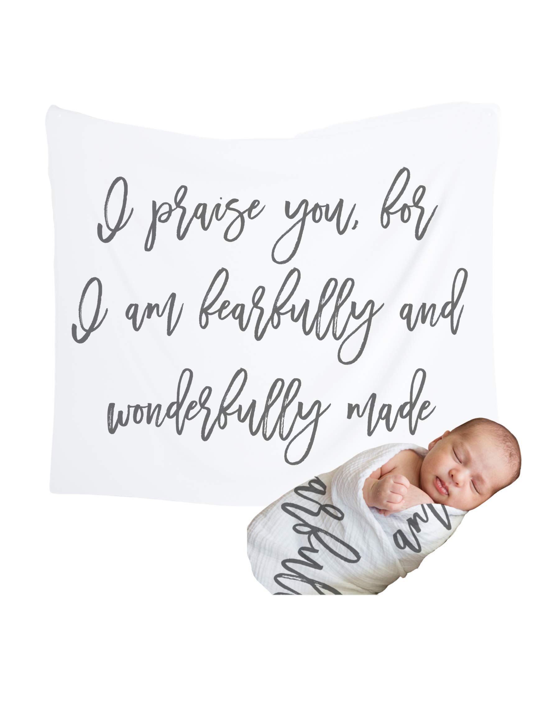 mama bee's Homestead Supply 100% Organic Cotton Muslin "Fearfully & Wonderfully Made” Scripture - Christening, Baptism, Rainbow Baby Blanket, Child of God Swaddle Blanket - Wall Tapestry 47”x47"