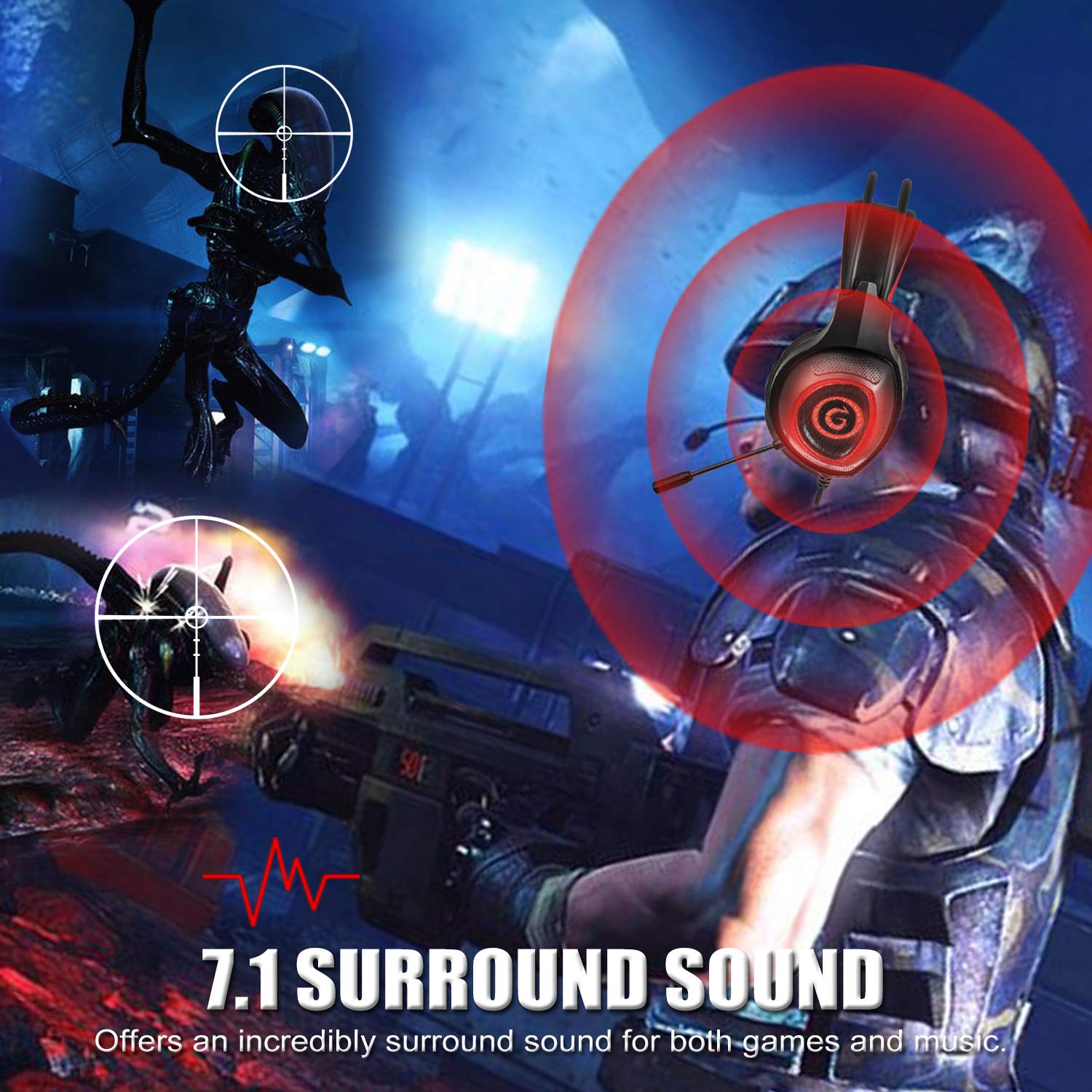 2021 PS5 Gaming Headset with 7.1 Surround Sound, Mute Microphone and RGB LED Light, Compatible with PC, Xbox One, PS5, PS4, Nintendo Switch, Mac, (RED)
