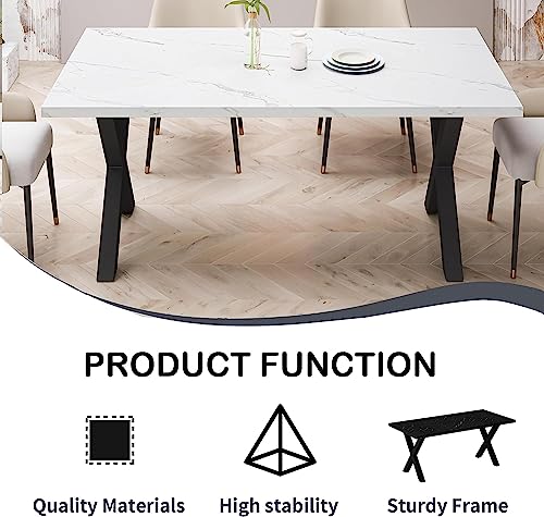 70.87" Faux Marble Dining Table, Modern Rectangular Dining Table with Printed Marble Table Top and X-Shape Stainless Steel Table Leg/Metal Base for Kitchen & Dining Room(White Top+ Black Legs)