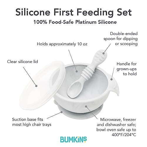 Bumkins Suction Silicone Baby Feeding Set, Bowl, Lid, Spoon, BPA-Free, First Feeding, Baby Led Weaning - Marbled