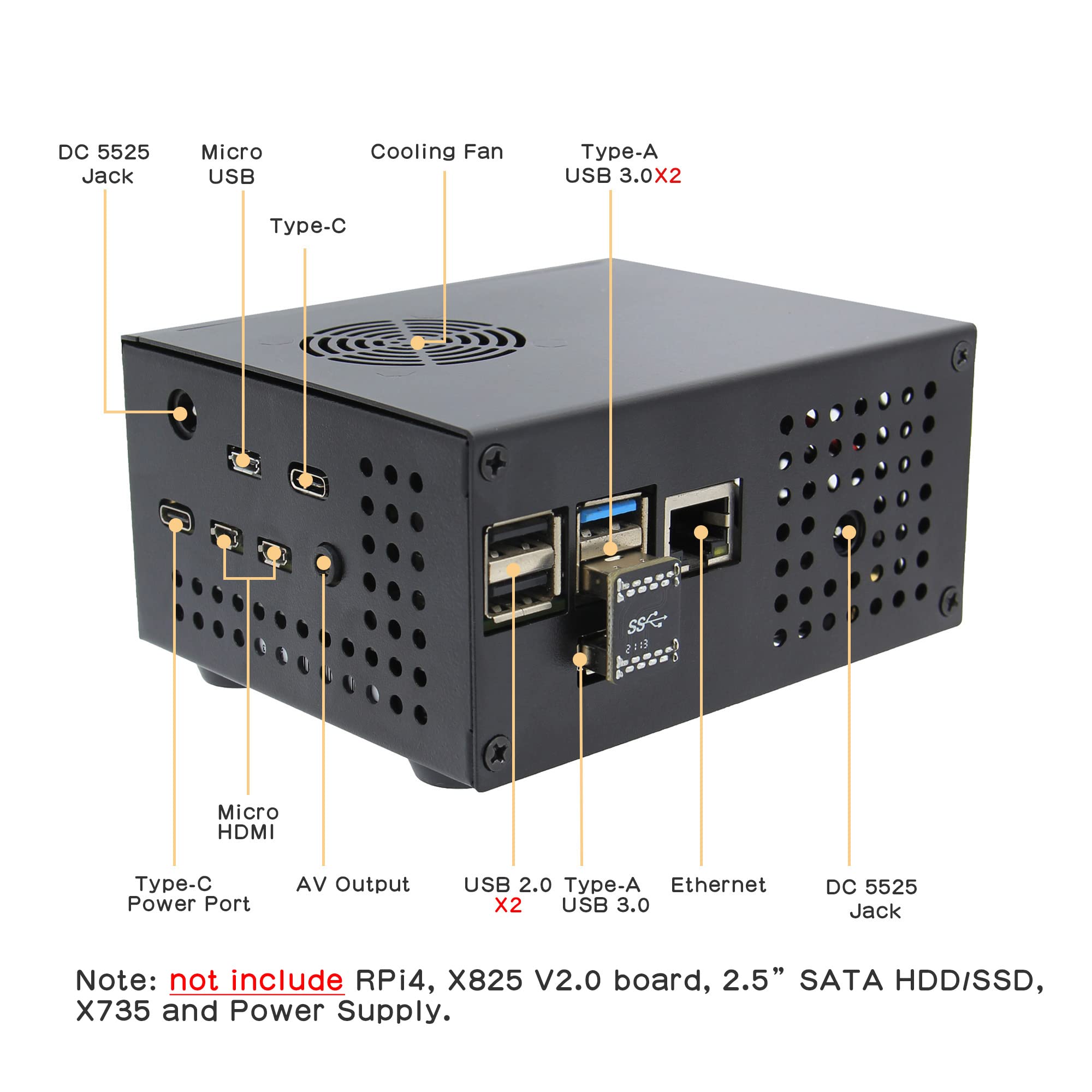Geekworm X825-C8 (X825 V2.0) Metal Case+Power Switch+Cooling Fan Support X825 V2.0 2.5 inch SATA SSD/HDD Shield & Raspberry Pi 4 Model B & X735 Only(Not Include RPi4&X825 V2.0&X735&PSU&SSD&TF Card)