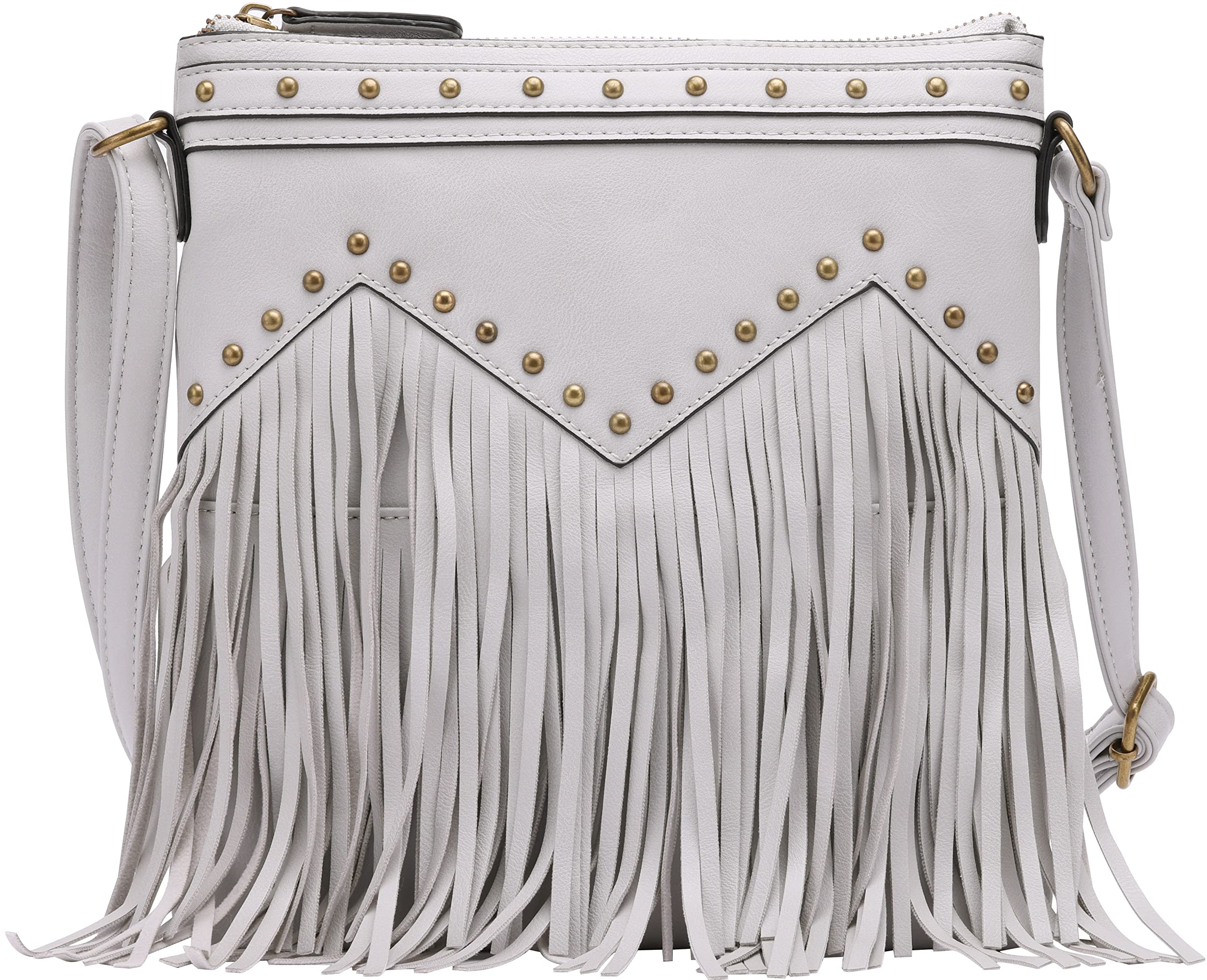B BRENTANO Vegan Fringed Crossbody Bag with Studs (Light Gray)