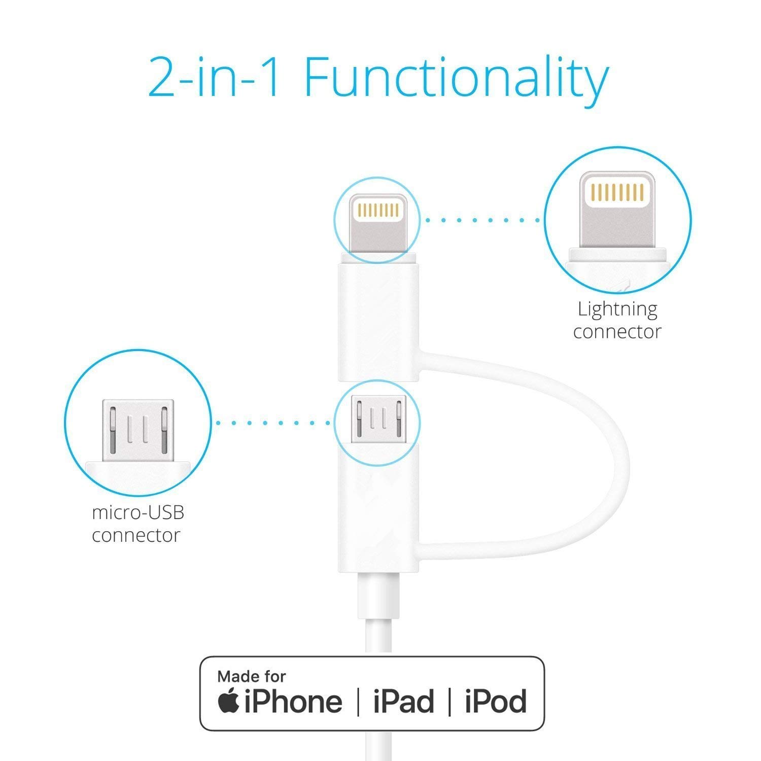 Apple MFi Certified 2 in 1 iPhone Charger Lightning Cable and Micro USB to USB Charger Cord, Compatible iPhone X, 8, 8 Plus,7 Plus, Android Data Cable 2 in 1 White(6FT)