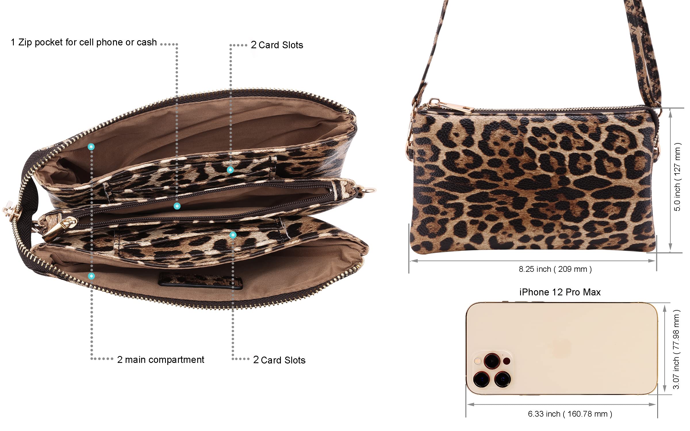 B BRENTANO Vegan Leather Multi-Pocket Crossbody Purse/Clutch with Card Slots, Removable Wristlet & Adjustable Shoulder Strap (Leopard Black)