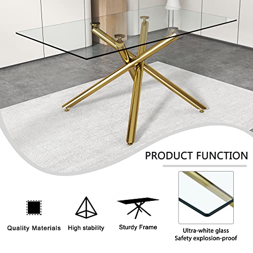 71inch Glass Dining Table for 6, Rectangle Kitchen Table with Golden Legs, Marble Texture Top Dining Table for 8, Dinner Dining Room Table for Home Kitchen Meeting Banquet