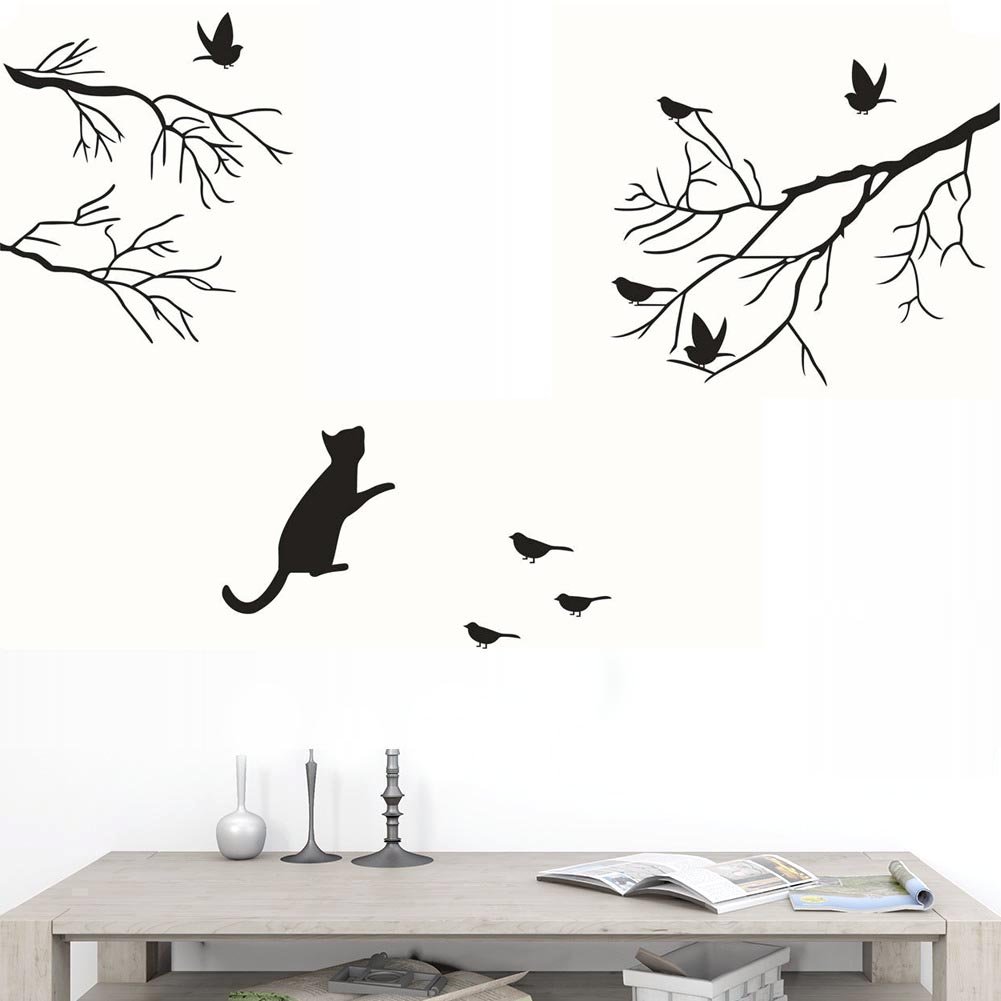 BIBITIME Vinyl Black Cat Staring at Birds on Tree Branch Wall Decal for Living Room Glass Door Window Nursery Bedroom Children Kids Baby Rooms Decor Home Art Murals