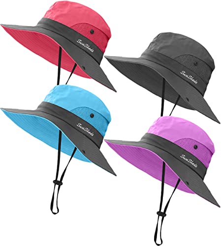4 Pack Womens Ponytail Summer Sun Hat UV Protection Foldable Mesh Wide Brim Beach Fishing Cap (4 Pack-Purple&Watermelon Red&Sky Blue&Grey)