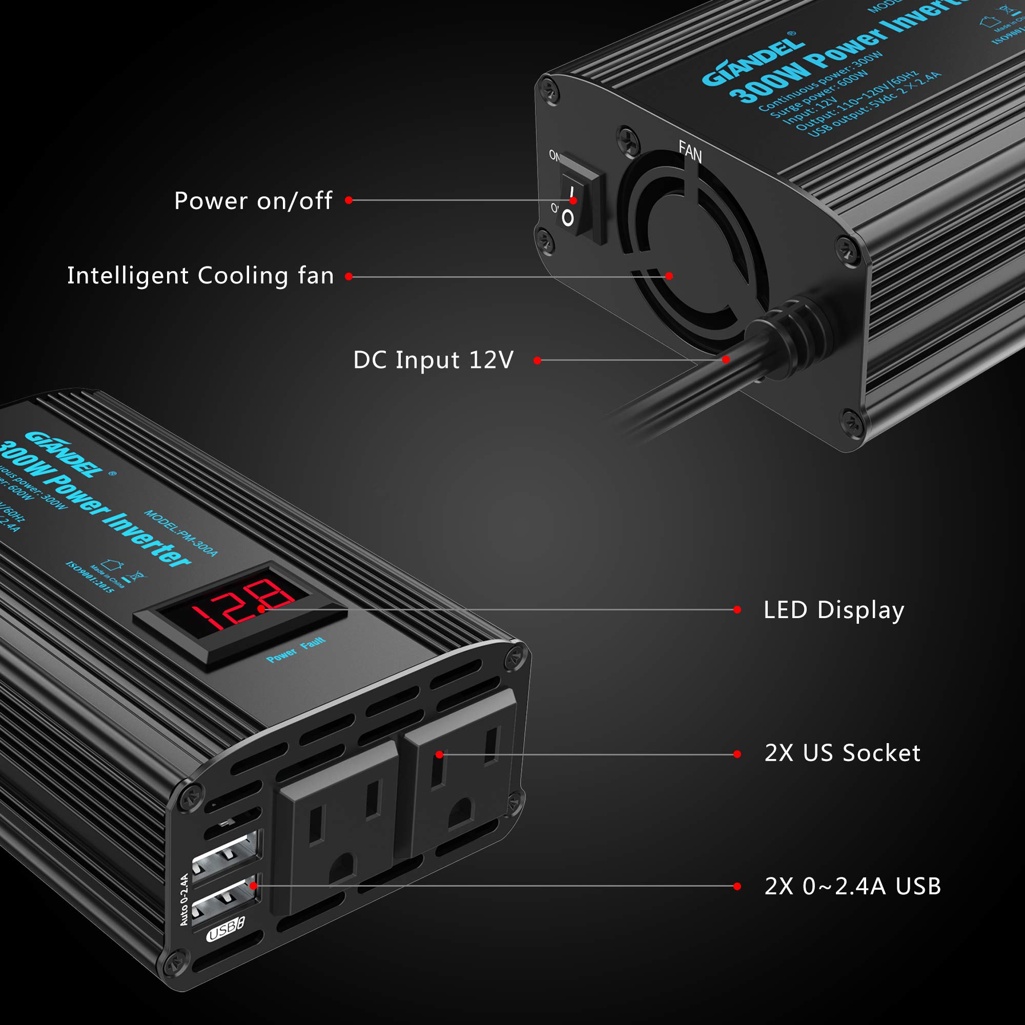 2000W 24V Modified Sine Wave Power Inverter DC 24 Volt to AC 110 120 Volt with Remote Control & LED Display and USB Port for RV Truck Boat