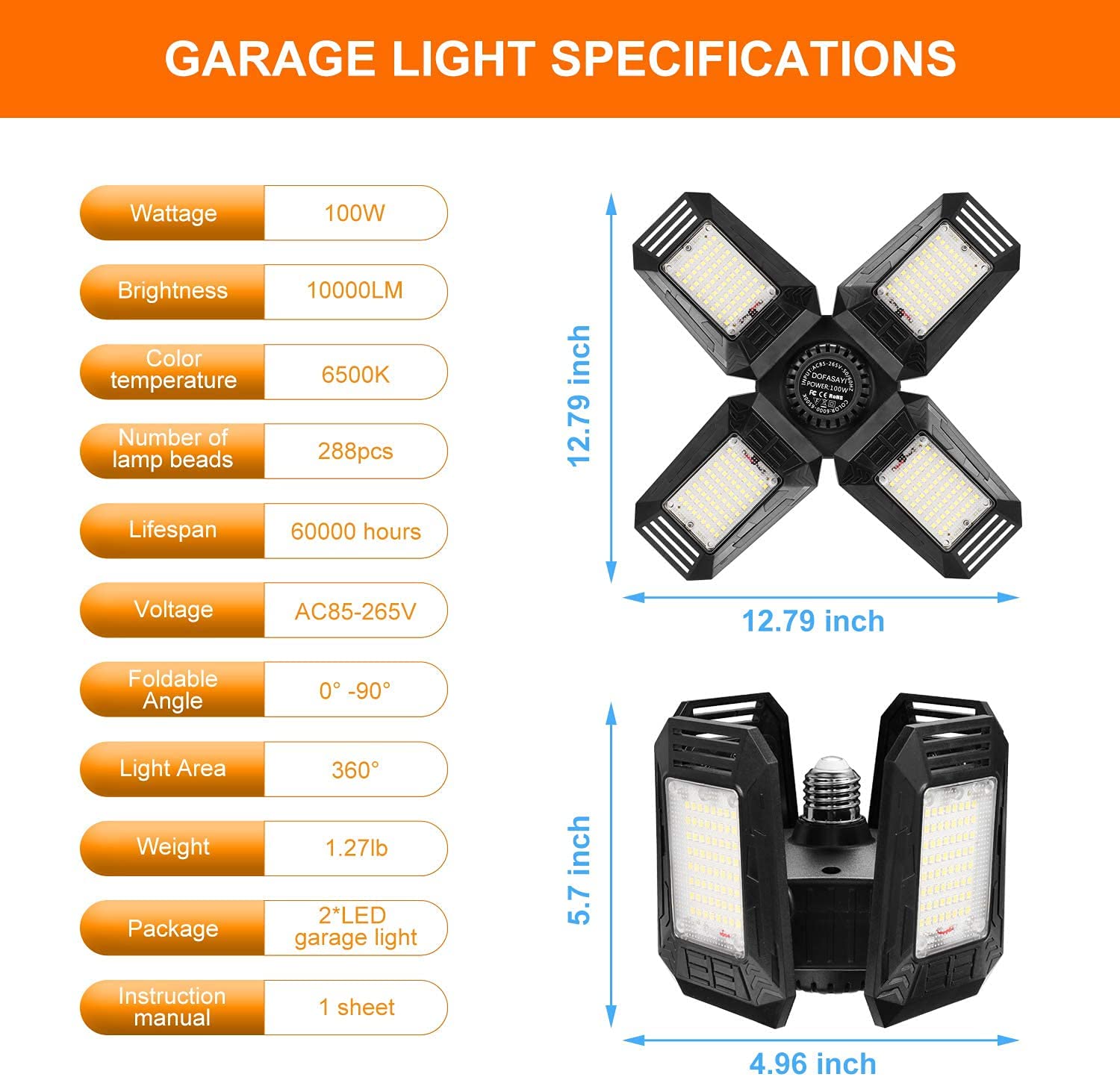 2-Pack Garage Light 160W LED Garage Light - LED Shop Light with 5 Multi-Position Panels,Deformable Garage Ceiling Light 16000LM Adjustable Easy-Installation,LED Garage Lighting for Warehouse Basement
