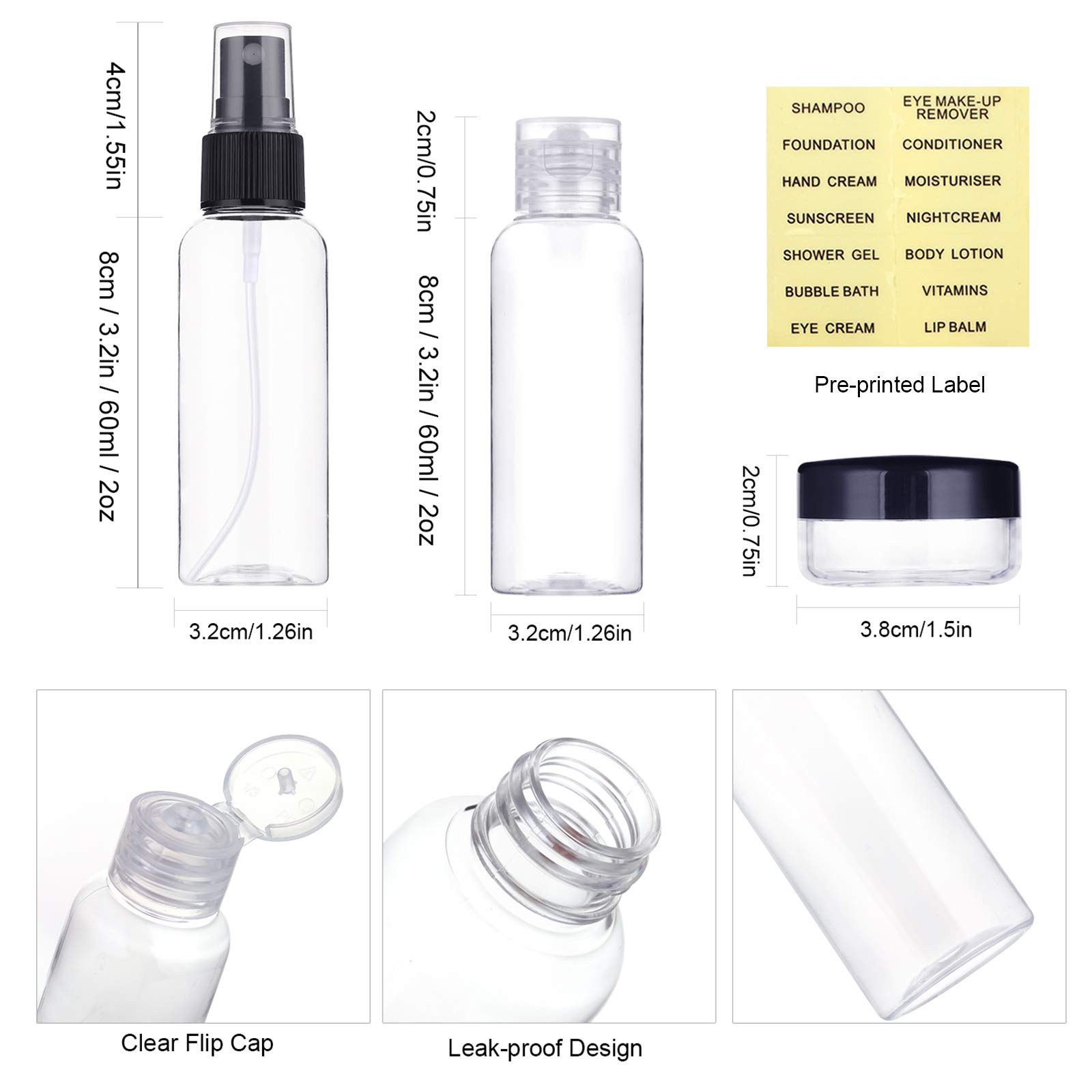 YICTEK Travel Bottles Containers for Toiletries Tsa Approved with Clear Quartz Size Bag, Refillable Plastic Bottles Kit for liquids
