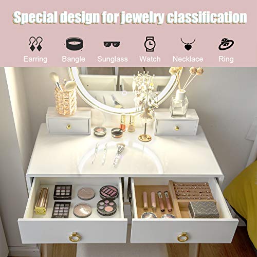 CHARMAID Vanity Set with Touch Screen Dimming Mirror, 3 Color Lighting Modes, Dressing Table with 4 Sliding Drawers, Modern Bedroom Makeup Table and Cushioned Stool Set for Women Girls (White)