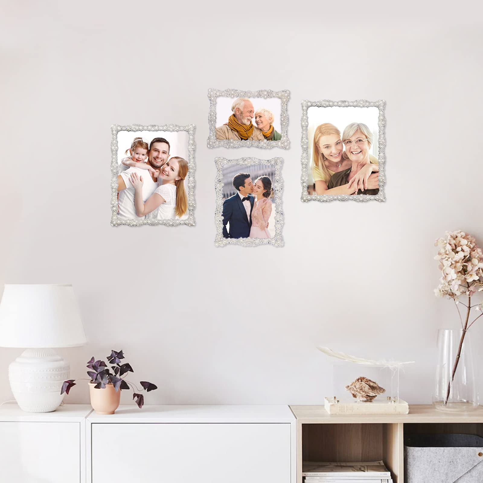 4x6 Pearl Picture Frame with Crystal for Wedding, Silver Plated with High Definition Glass Photo Frames with Rhinestones Horizontal and Vertical Decor Tabletop Display (Real Glass)