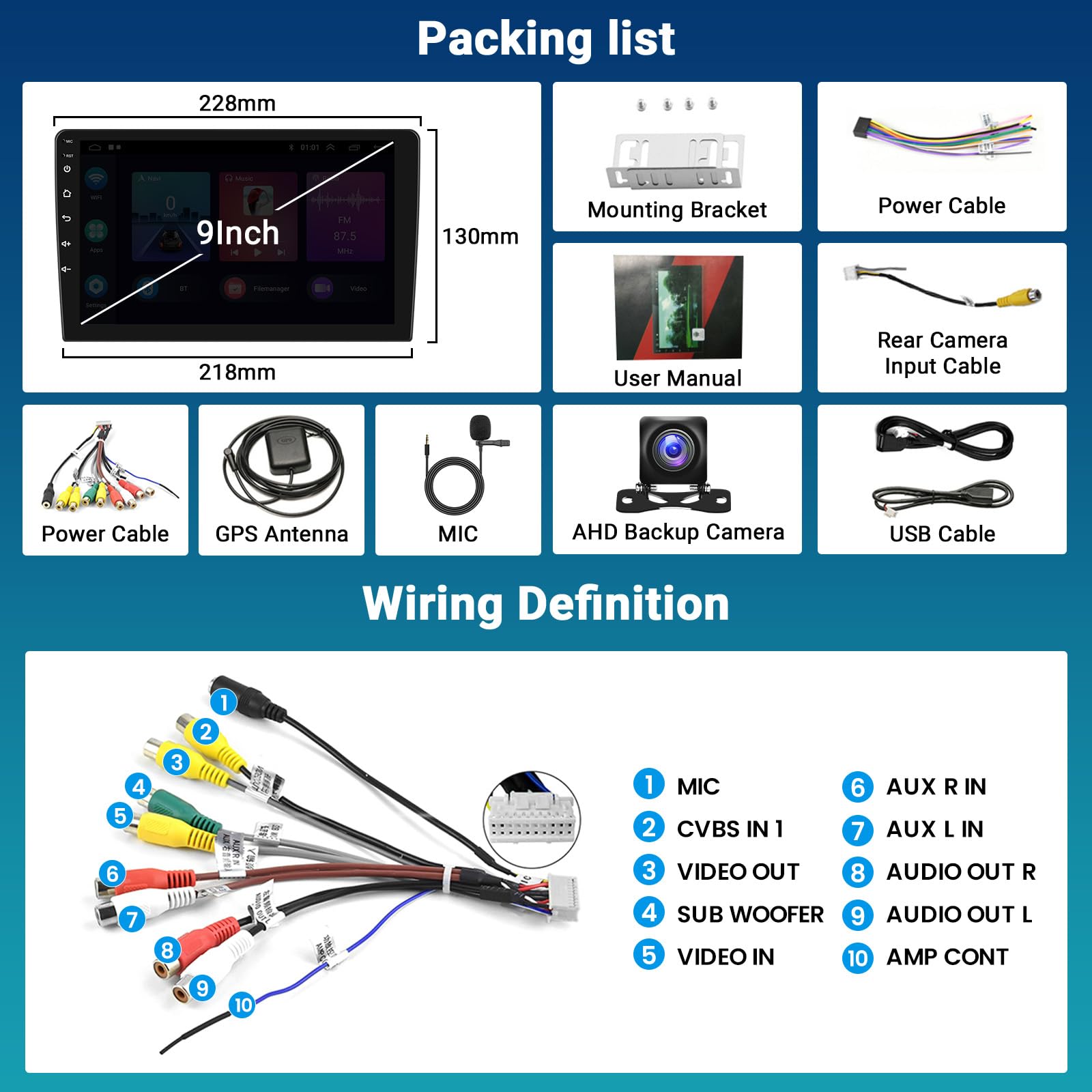 2+64GB Android 13 Double Din Car Stereo Wireless Apple Carplay Android Auto 9 Inch Bluetooth Touchscreen Car Radio in Dash GPS Navigation HiFi WiFi FM Mic Backup Camera