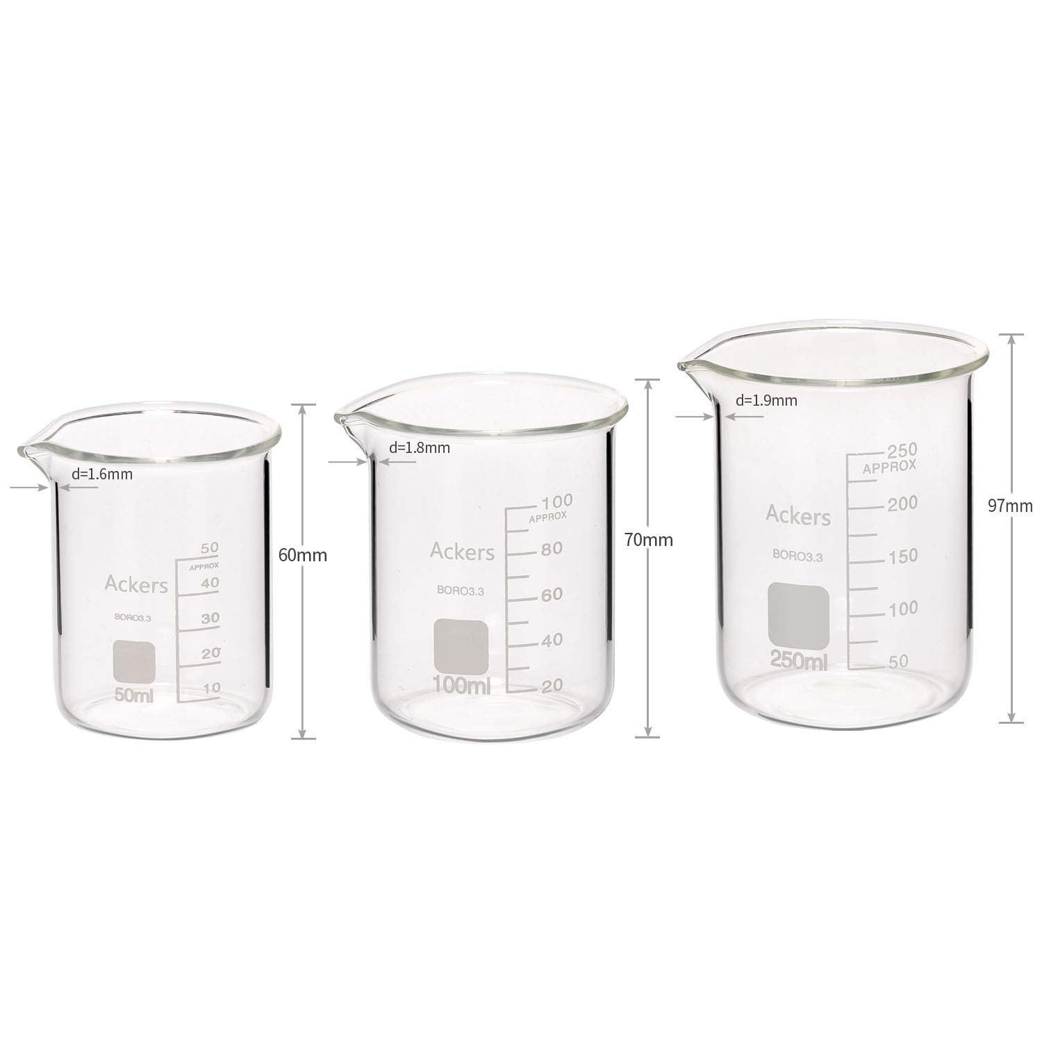 Ackers Boro3.3,Griffin Low Form Scientific Glass Beaker Set-50ml,100ml,250ml,500ml,1000 mL (Pack of 5)