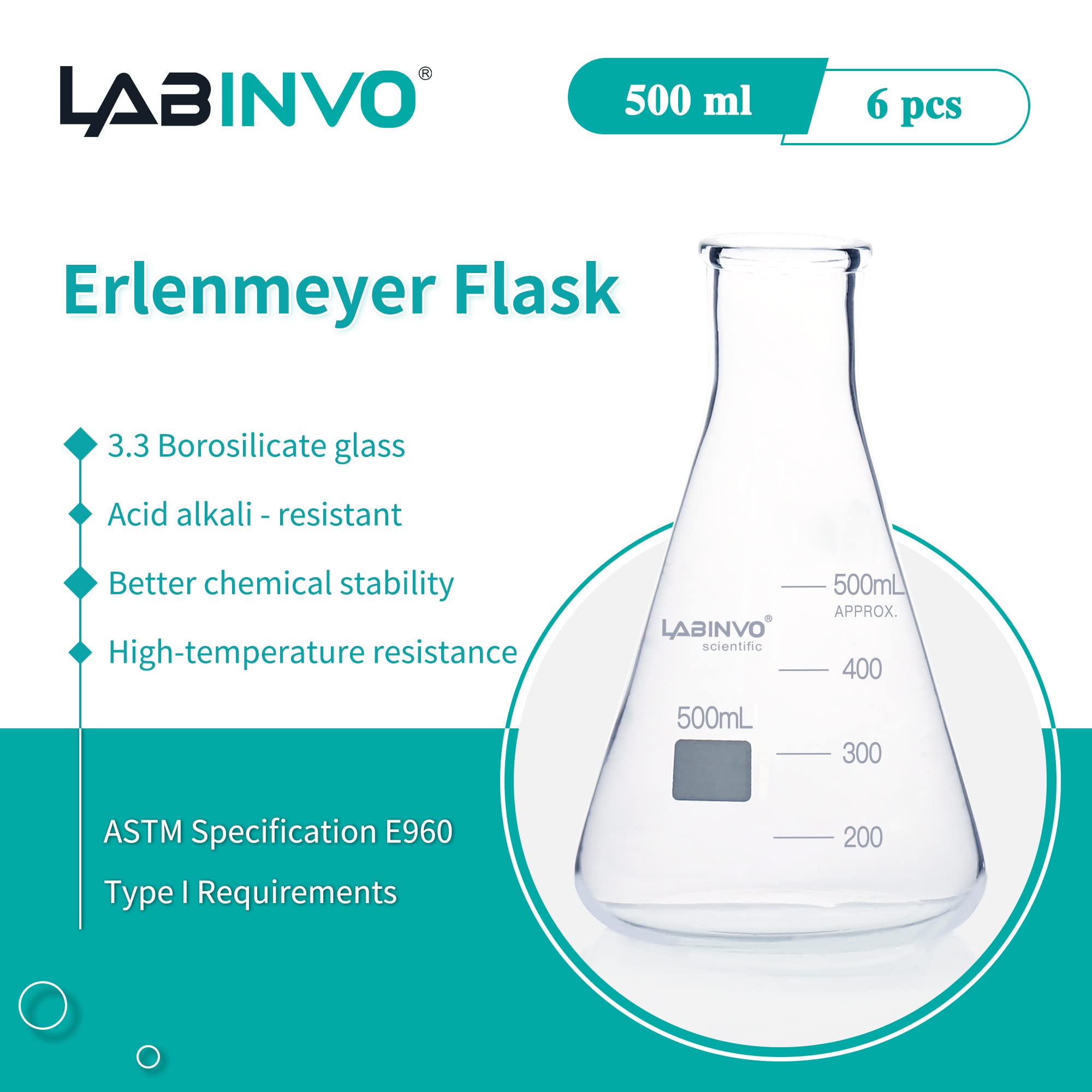 LABINVO 500ML Glass Erlenmeyer Flask, Narrow Mouth Graduated Conical Flask with Marking Spot, 6pcs of 3.3 Borosilicate Glass Flask Set, IN-EFN500