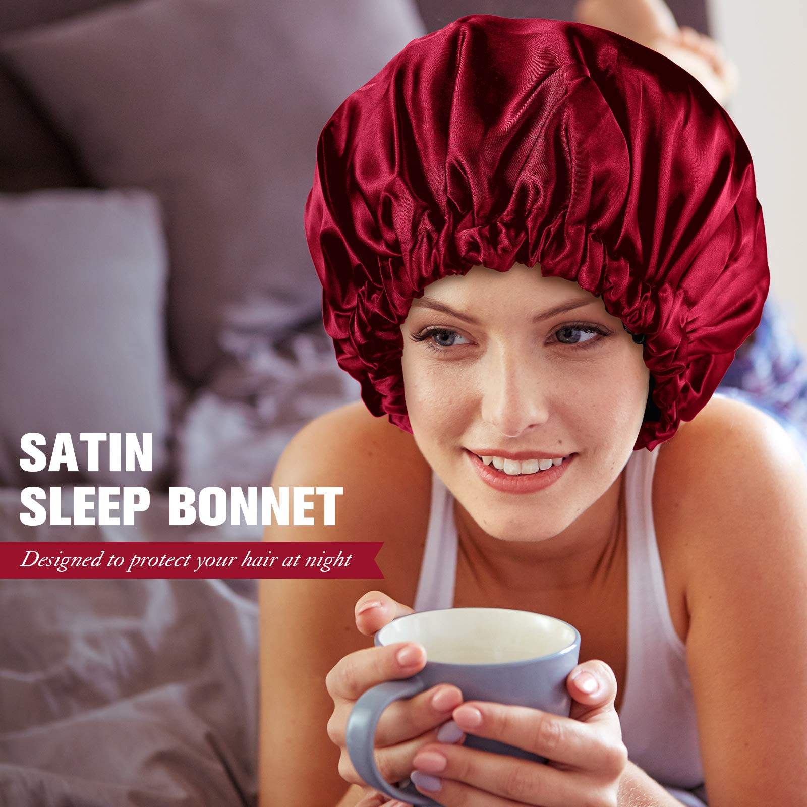 Geyoga 4 Pieces Satin Sleep Cap for Women Adjustable Satin Bonnet Large Sleep Bonnet Hair Bonnet Cap for Sleeping for Natural, Long and Curly Hair