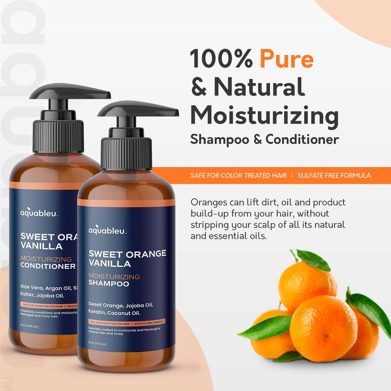 Aquableu Sweet Orange Vanilla Shampoo & Conditioner Set β Natural Moisturizing, For Dry & Damaged Hair β Sulfate & Paraben Free β For Colour Treated Hair β 16oz