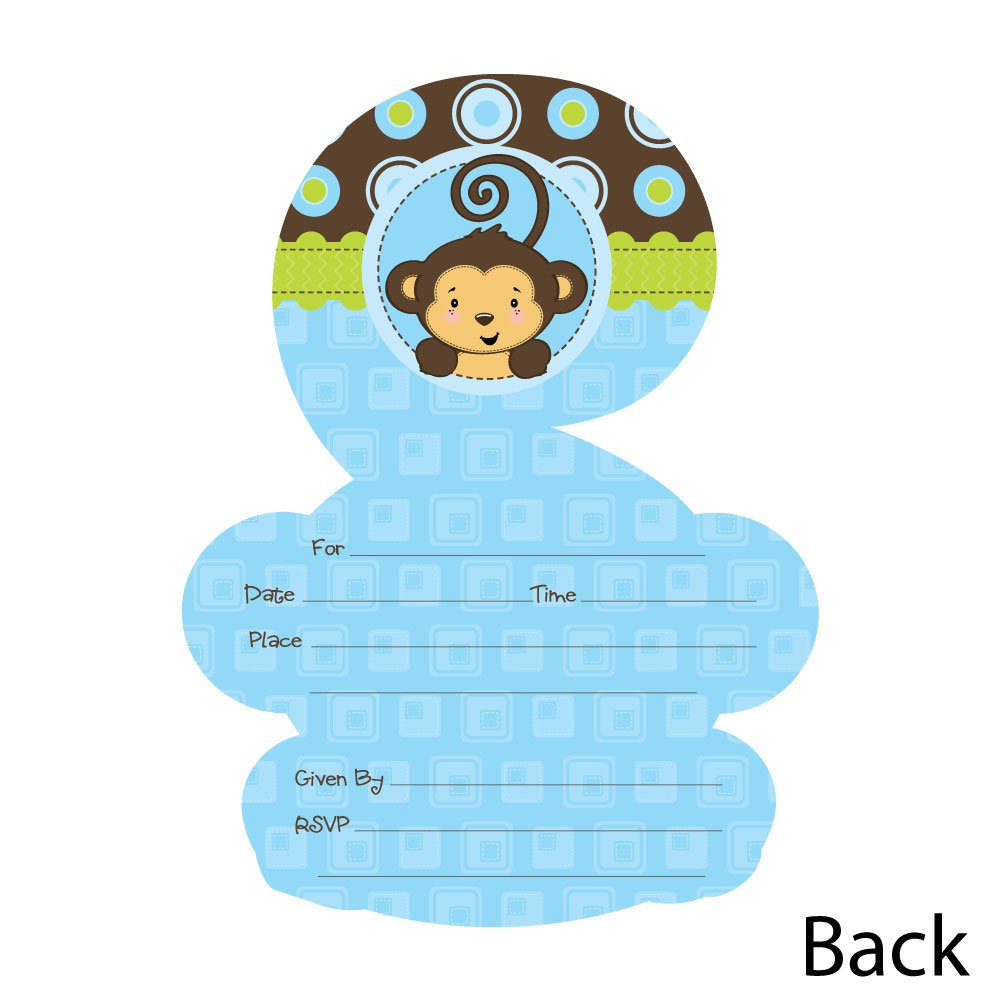 Big Dot of Happiness Blue Monkey Boy - Shaped Fill-In Invitations - Baby Shower or Birthday Party Invitation Cards with Envelopes - Set of 12