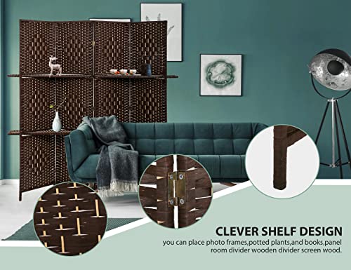 4 Panel Room Dividers and Folding Privacy Screens, 71 Inch High Hand-Woven Design Room Divider Folding Wall Dividers with Shelves, Portable Partition Screen for Room,Freestanding Room Separator, Brown