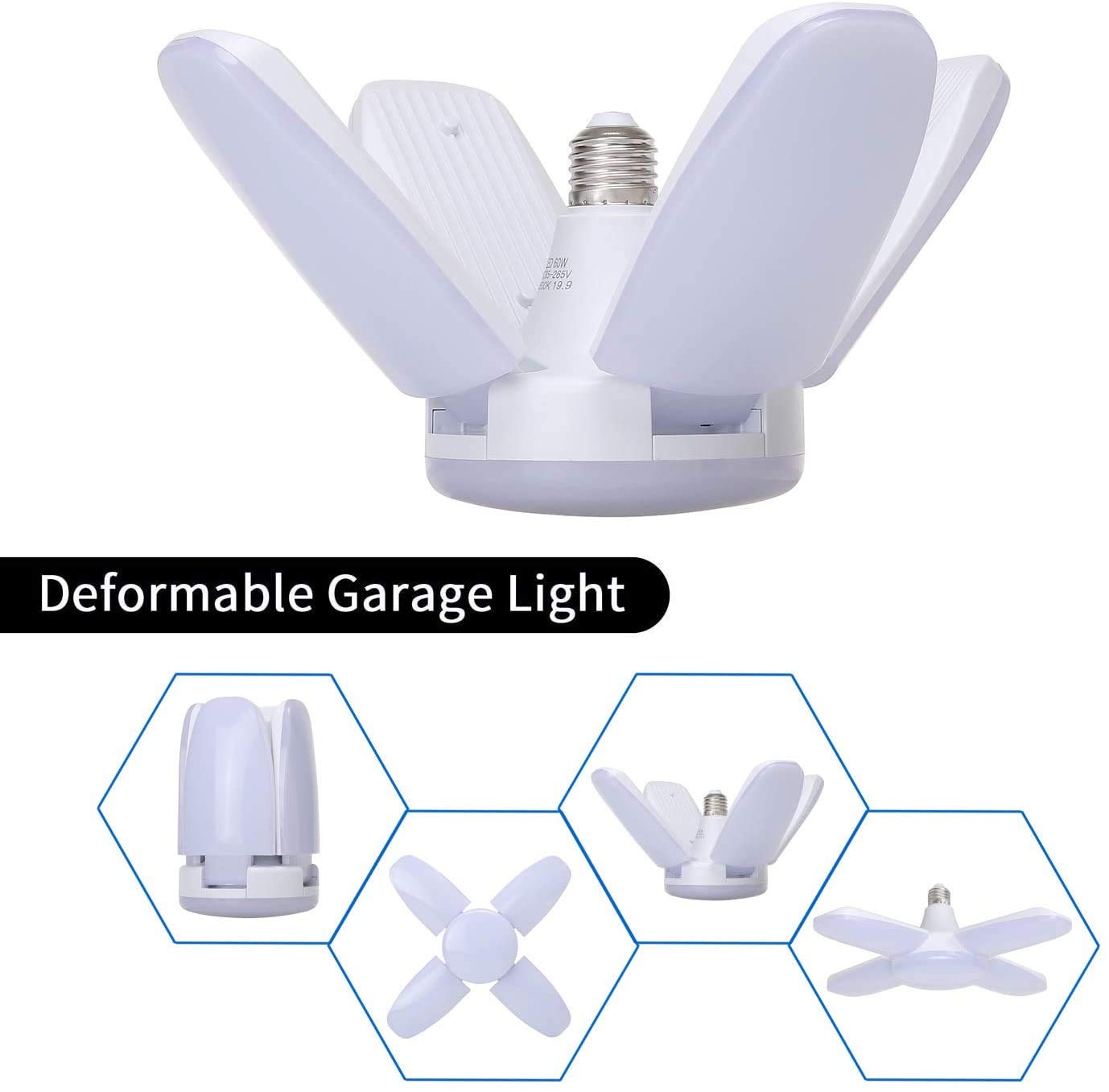2-Pack LED Garage Lights 60W Deformable Garage Ceiling Lighting E26 6000LM Daylight LED Light Bulbs Adjustable Led Shop Lights Super Bright Working Light for Garage Workshop Barn Warehouse Basement