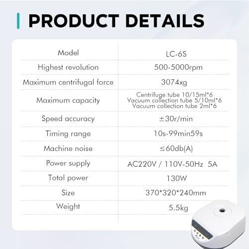 LAB FISH PRP Lab Benchtop Centrifuge Machine 6 x 2ml/5ml/10ml/15ml Capacity Test Tubes,Low Speed 500-5000r/min,Max 3074xg RCF