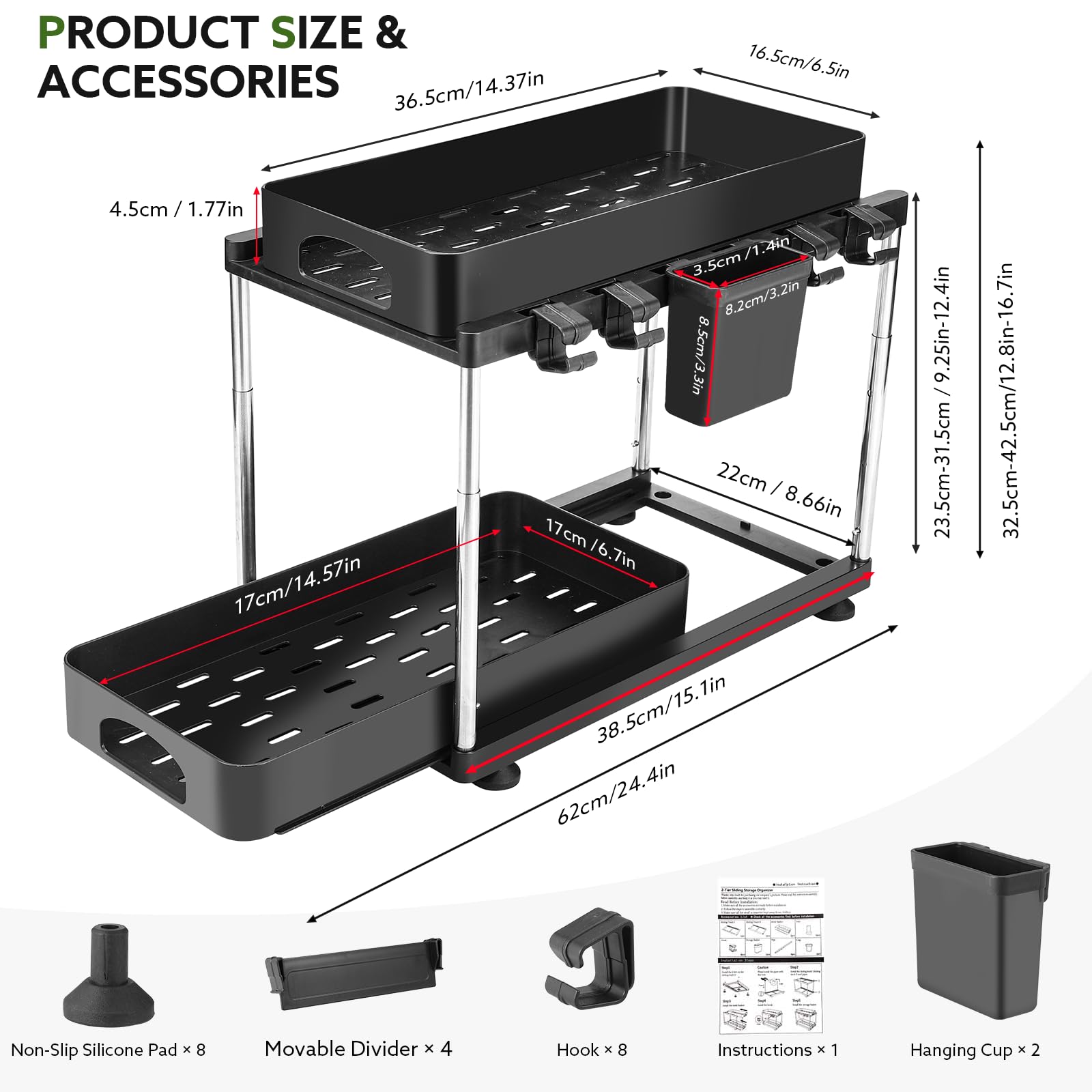 2 Pack Under Sink Organizers and Storage, 2 Tier Double Sliding Bathroom Organizers and Storage with Dividers,Hooks Under Sliding Cabinet Organizer Kitchen Sink Organizer for Kitchen Bathroom