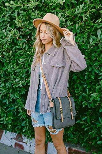 ALYSSA Double Compartment Large Two-Tone Colorblock Flapover Crossbody Bag (Charcoal Grey/Black)