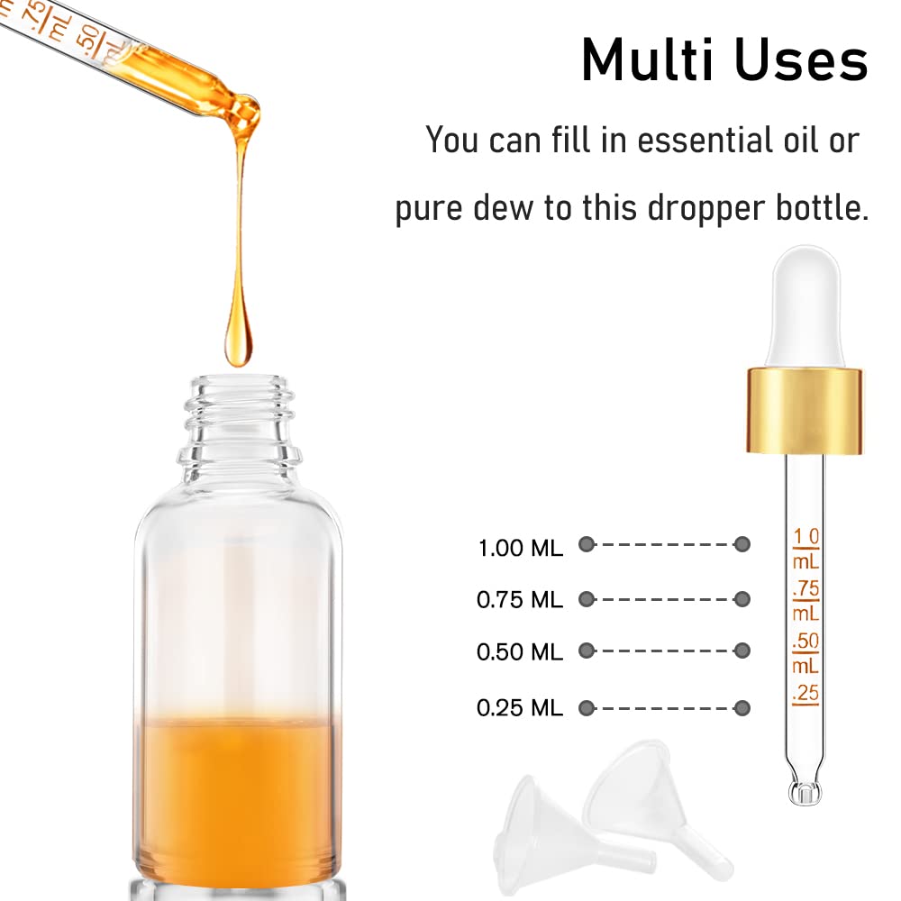 Bumobum Dropper Bottle Clear 1 oz, 30 ml Glass Dropper Bottles with Measurement and Golden Top Cap for Essential Oils, 2 pack Tincture Bottle with Labels and Funnel