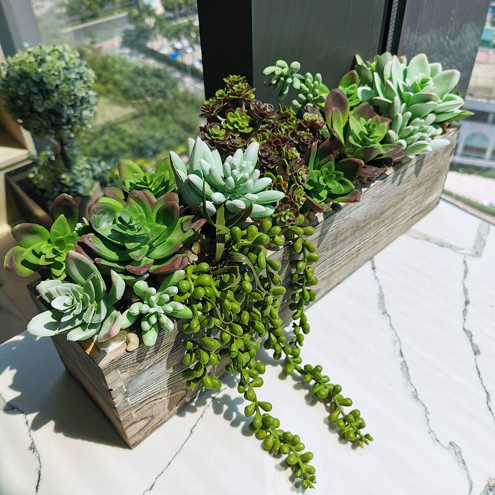 20 Pcs Artificial Succulents Fake Plants in Rectangular Wooden Pots Potted Succulents Plants Arrangement Artificial Succulents Garden for Table Centerpiece Windowsill Shelf Mantel Greenery Decor