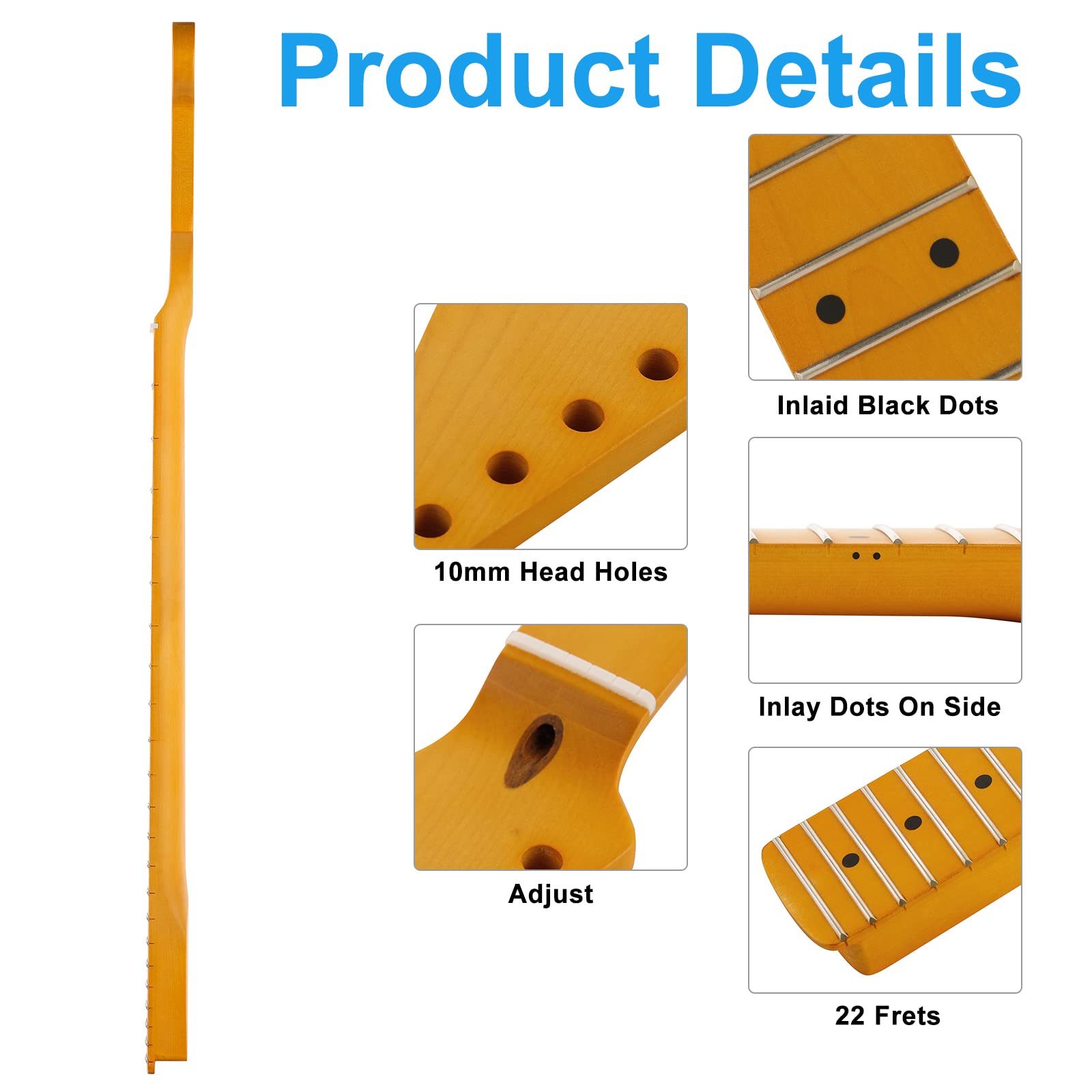 22 Fret Canadian Maple Electric Guitar Neck, Yellowish Matte, Skunk Stripe Back Inlay,14" Radius of Fingerboard, Bone Nut