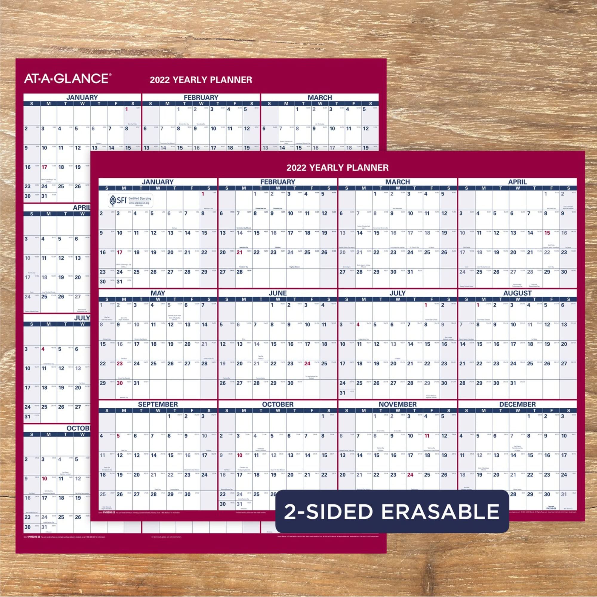 2022 Erasable Calendar, Dry Erase Wall Planner by AT-A-GLANCE, 12" x 16", Small, Vertical/Horizontal, Reversible, Compact (PM330B28)
