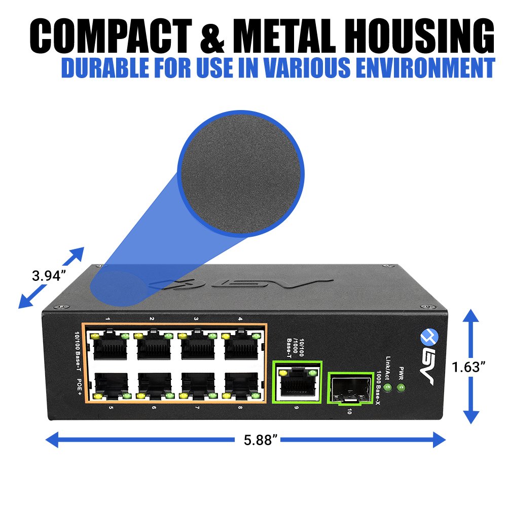 BV-Tech 8 Port PoE Switch with 1 Gigabit Uplink and Industrial DIN Rail - Power Over Ethernet Network Switch for IP Cameras, VoIP Phones, Wireless APs - IEEE802.3af/at, Wide Temperature Range